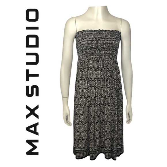 Max Studio | Dresses | Max Studio Strapless Black Floral Print Midi ...